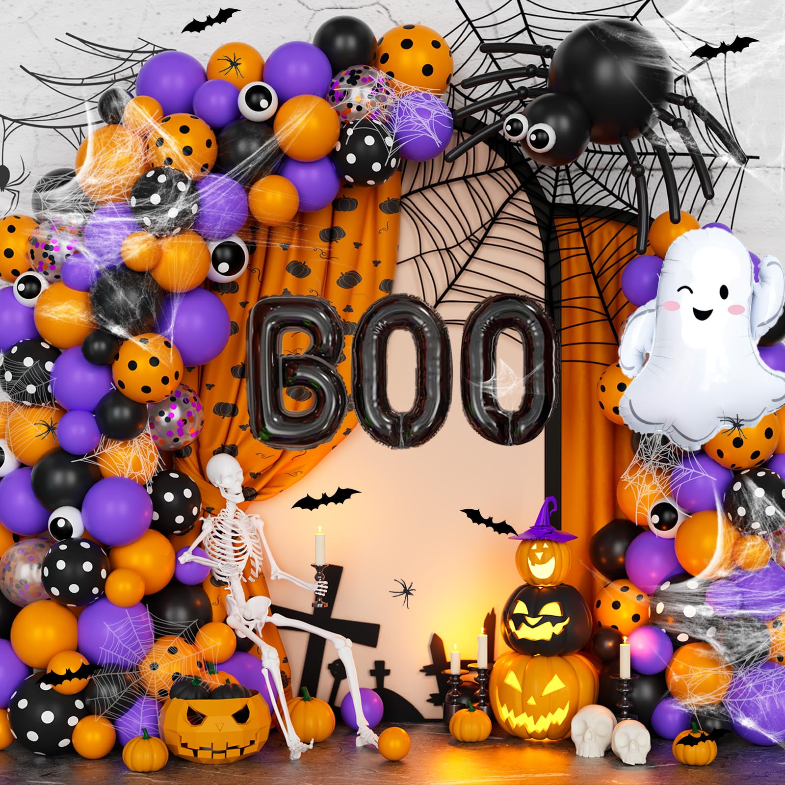 Fiesec Halloween Balloon Garland Arch Kit, Halloween Themed Party Decorations with BOO Foil Balloons Spider Web Bat Ghost Purple Black Orange, Happy Halloween Indoor Outdoor Yard Home Room Décor