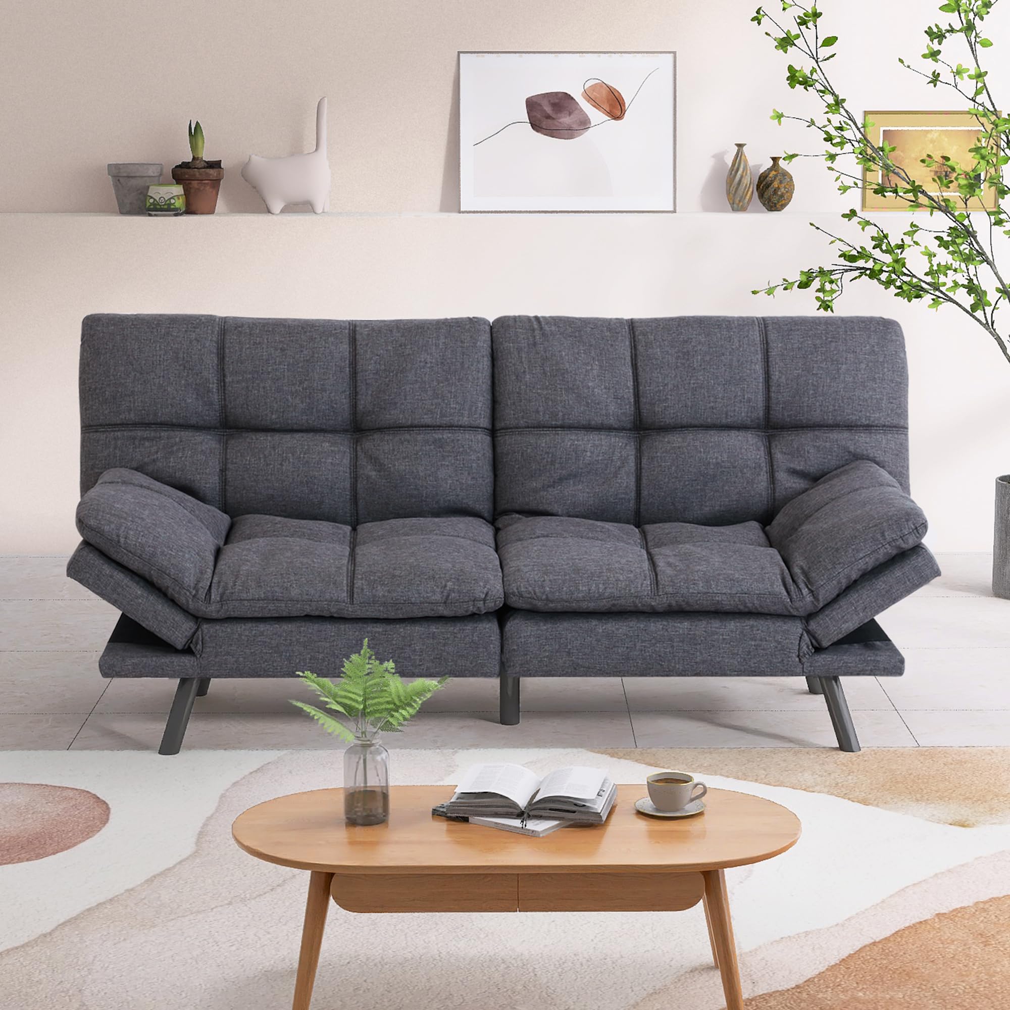 Cozysnooze Futon Sofa Bed,Grey Convertible Couch Memory Foam Futon Convertible Couch Bed Sofa Sleeper Love Seat Daybed Sofa for Living Spaces,Apartment,71'' (Grey)