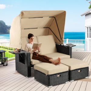 TITIMO Patio Daybed with Retractable Canopy Outdoor Sectional Furniture Sets All Weather Wicker Patio Rattan Sunbed Seating Sofas with Cushion for Backyard, Balcony, Poolside (Khaki)