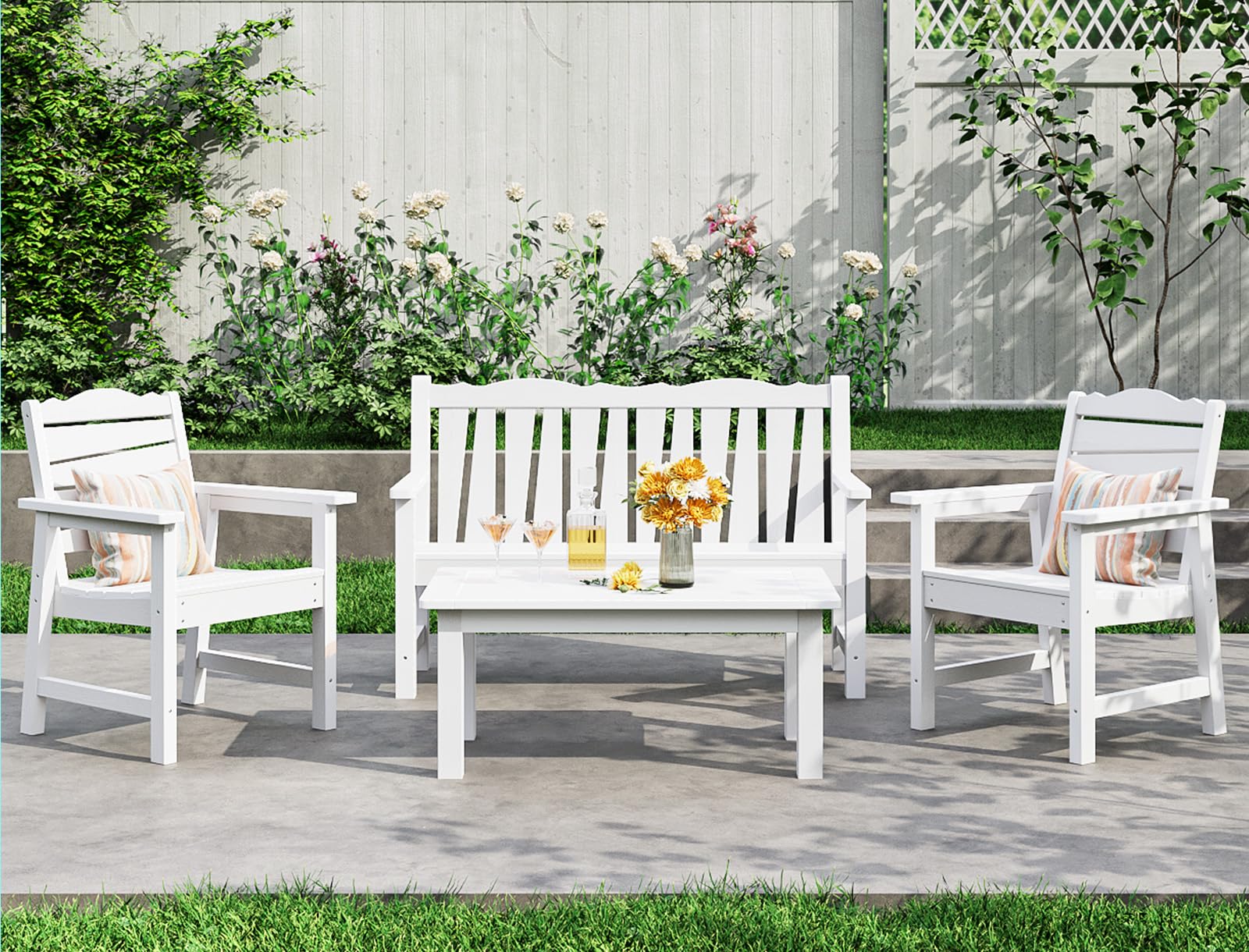 LAHAAP Outdoor Bench Set, Weatherproof Patio Furniture 3 Pieces Conversation Sets, Include Outdoor Bench + 2 Patio Chairs, for Garden Porch Lawn & Backyard (White)