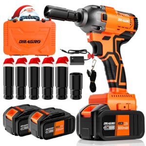 dragro 21v cordless impact wrench, 650n.m 1/2 inch brushless electric impact gun, 3000rpm high torque impact driver with 2 batteries & 6 impact sockets, power impact wrench for truck rv car