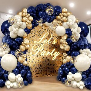 navy blue gold balloon graland arch kit, double stuffed pearl white royal blue chrome gold with confetti balloons for graduation birthday wedding baby shower party decorations