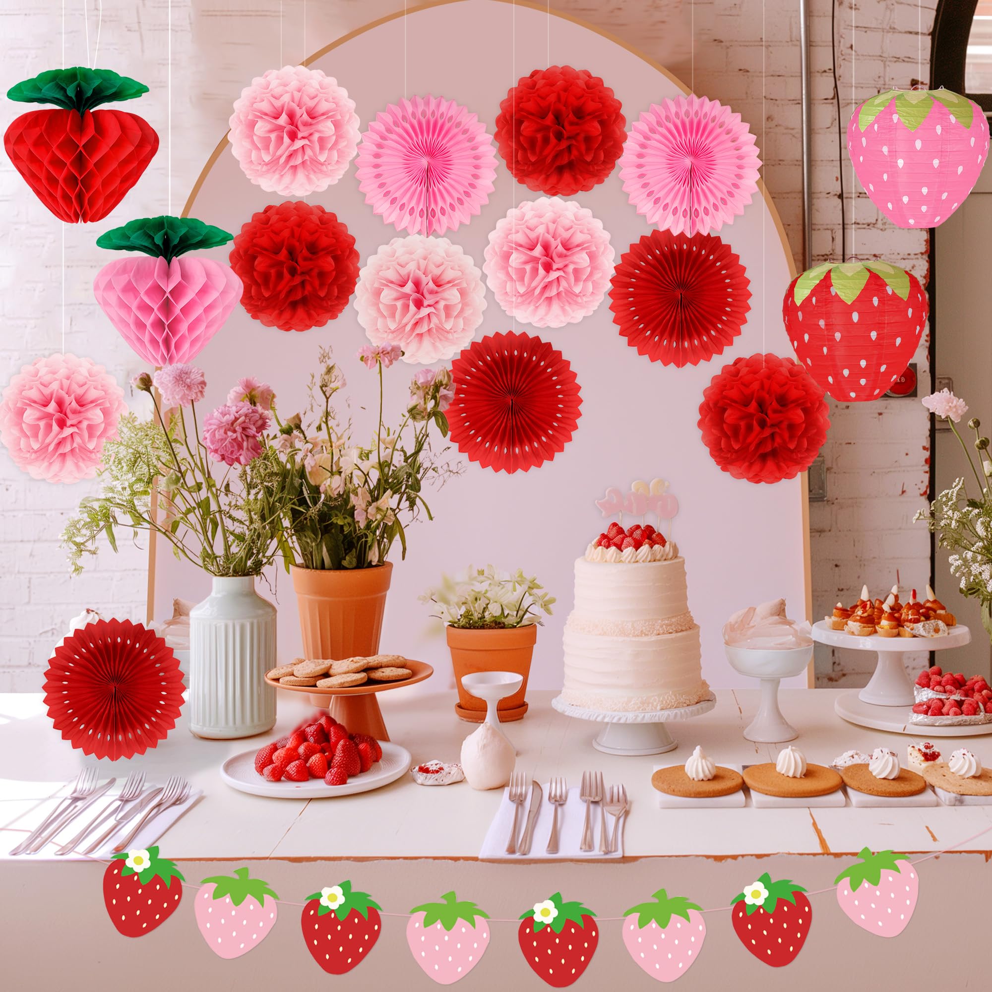 Kriyokiaa Strawberry Party Decorations 17 Pcs Berry First Birthday Decor with Tissue Pom Poms, Fans, Honeycomb, Lanterns, Garland, Perfect for Baby Shower Decorations, Berry 1st Birthday