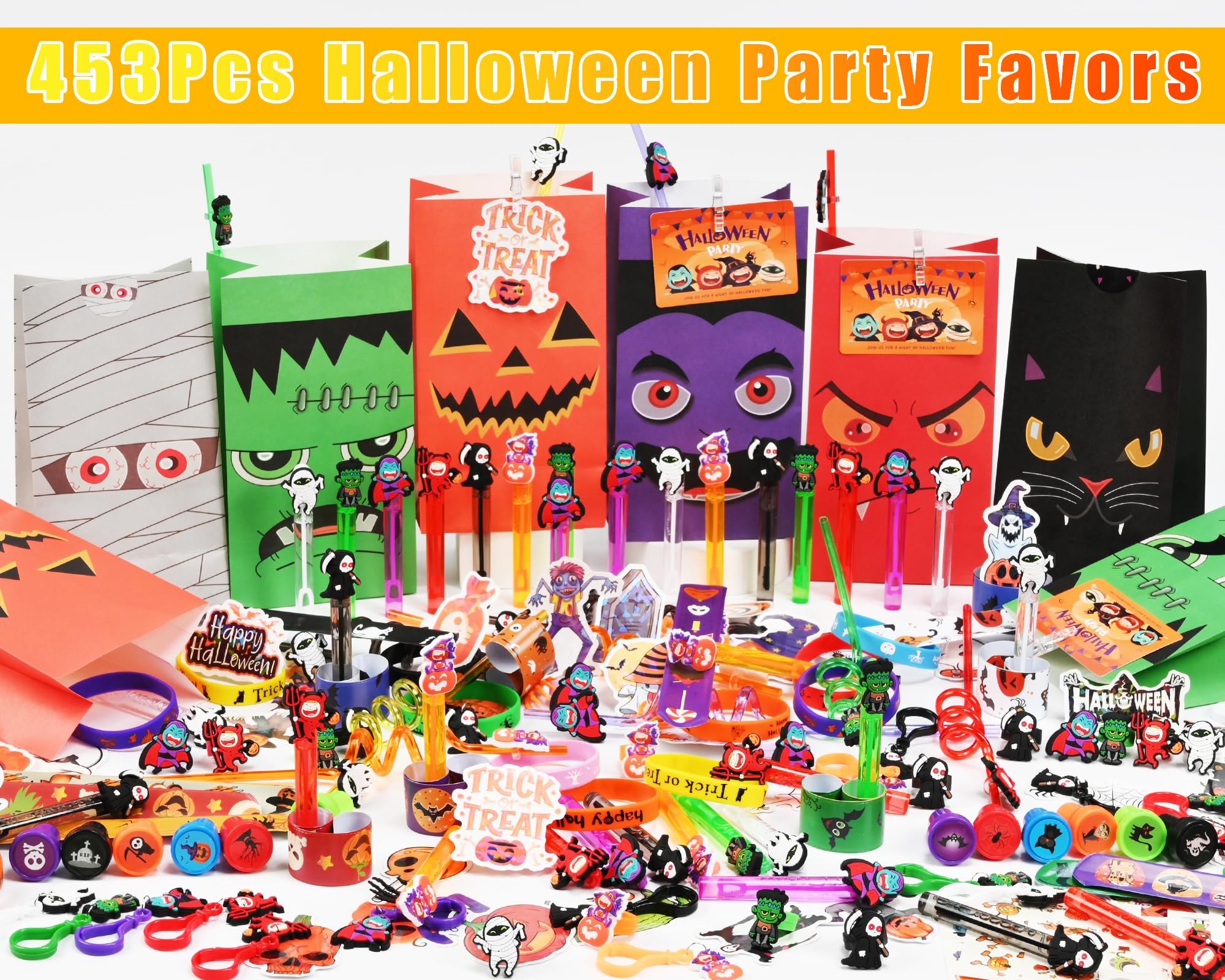 ONBKYGF 453PCS Halloween Party Favors Supplies Decorations, Halloween Treat or Trick Goodie Bags Pinata Fillers Stuffers Halloween Classroom Prizes Gifts for Kids