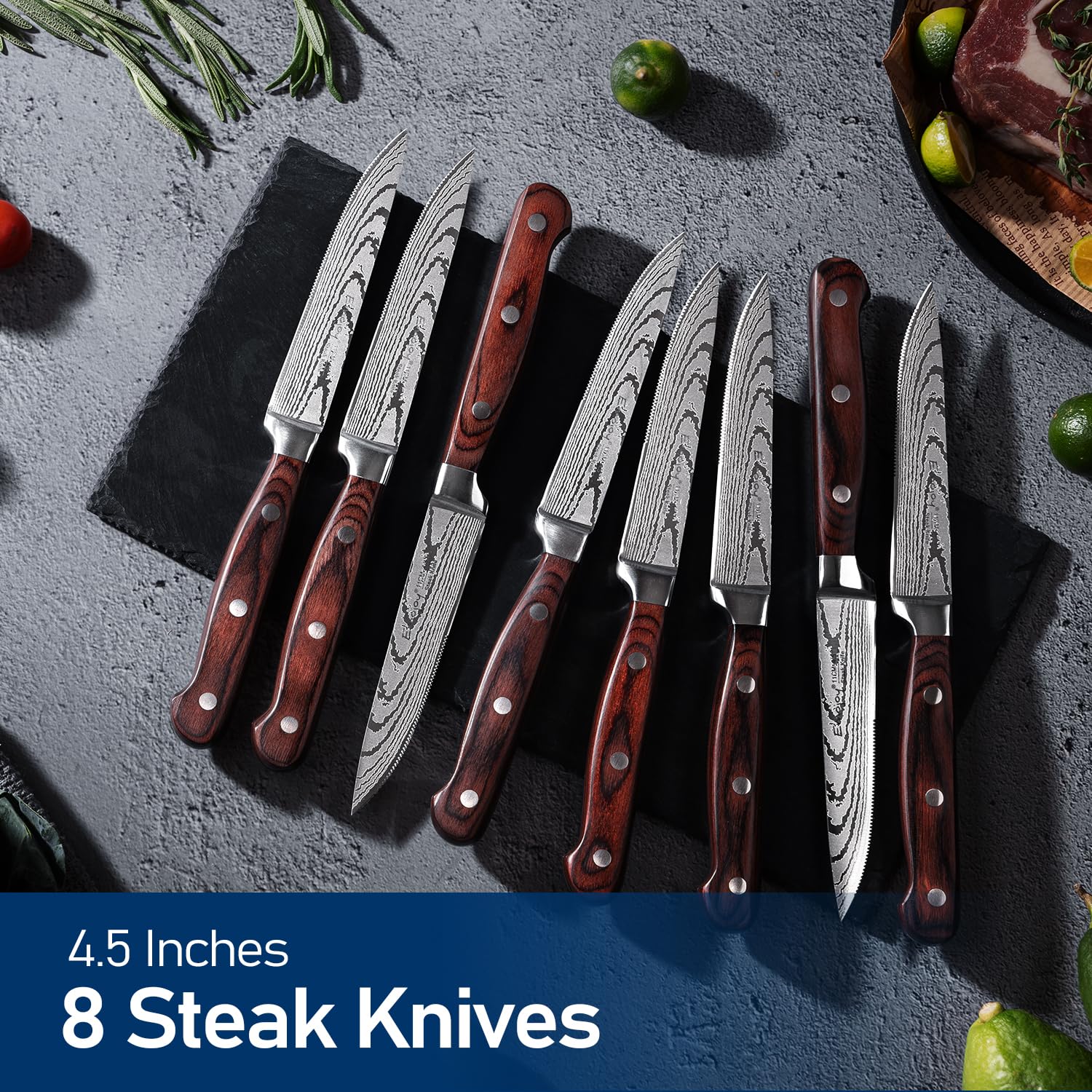 Emojoy Steak Knives,8-Piece Set Practical Table knife,German Stainless Steel Serrated Steak Knives,Wooden Gift Box