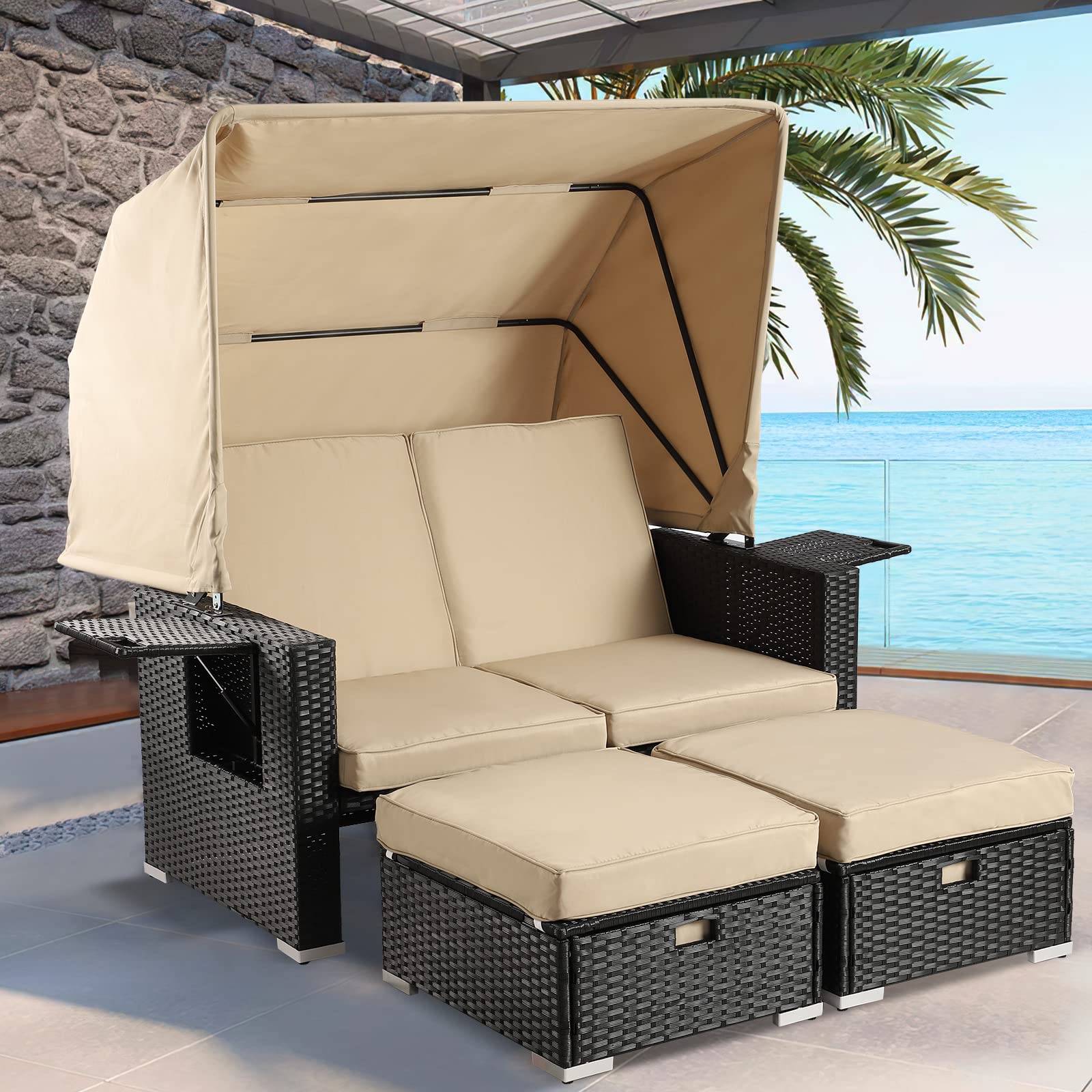 TITIMO Patio Daybed with Retractable Canopy Outdoor Sectional Furniture Sets All Weather Wicker Patio Rattan Sunbed Seating Sofas with Cushion for Backyard, Balcony, Poolside (Khaki)