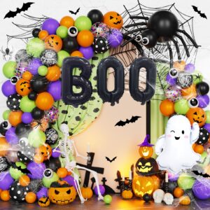 fiesec halloween balloon garland arch kit with green purple black orange balloons, halloween theme party decorations boo foil balloon spider bat, happy halloween indoor outdoor yard home room décor