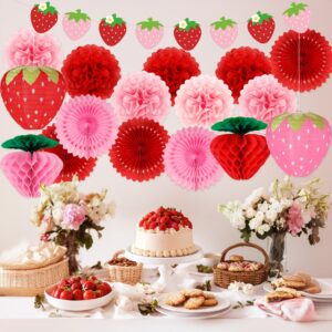 Kriyokiaa Strawberry Party Decorations 17 Pcs Berry First Birthday Decor with Tissue Pom Poms, Fans, Honeycomb, Lanterns, Garland, Perfect for Baby Shower Decorations, Berry 1st Birthday