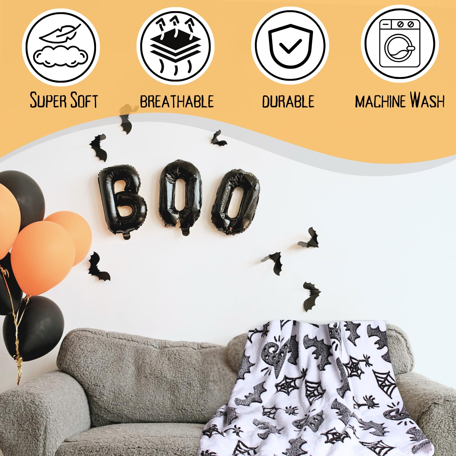 ONTODEX Halloween SnuggieBlanket, Glow in The Dark Fall Throw Blanket with Spiderweb, Bat, Witch Hat Halloween Decor for Couch, Living Room, Office -50x60 Inches