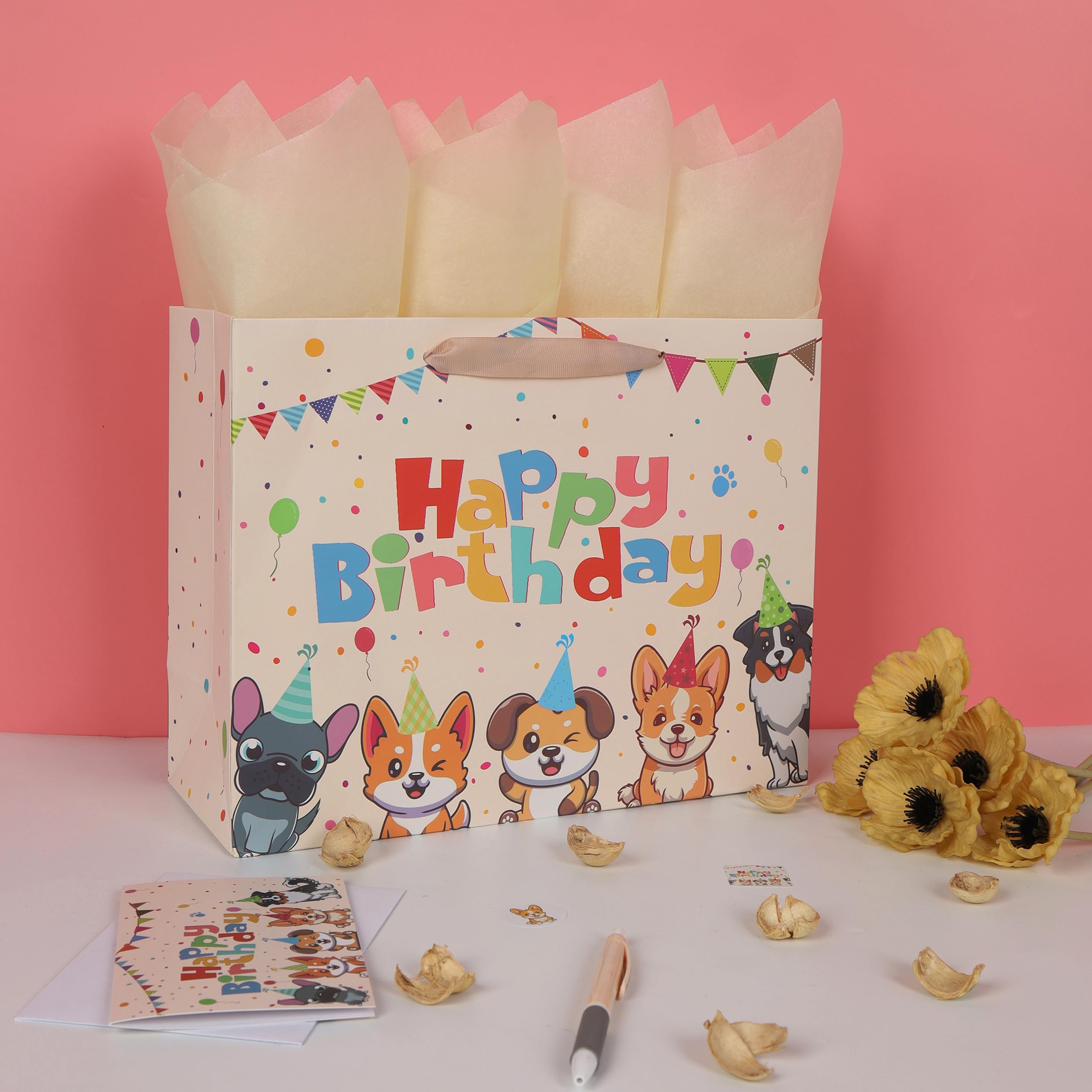 13” Large Dog Happy Birthday Gift Bag Set with Handles, Greeting Card, Tissue Papers and Stickers for Girl Boy Kid Women Men, Cream Puppy Design, 1 Pcs