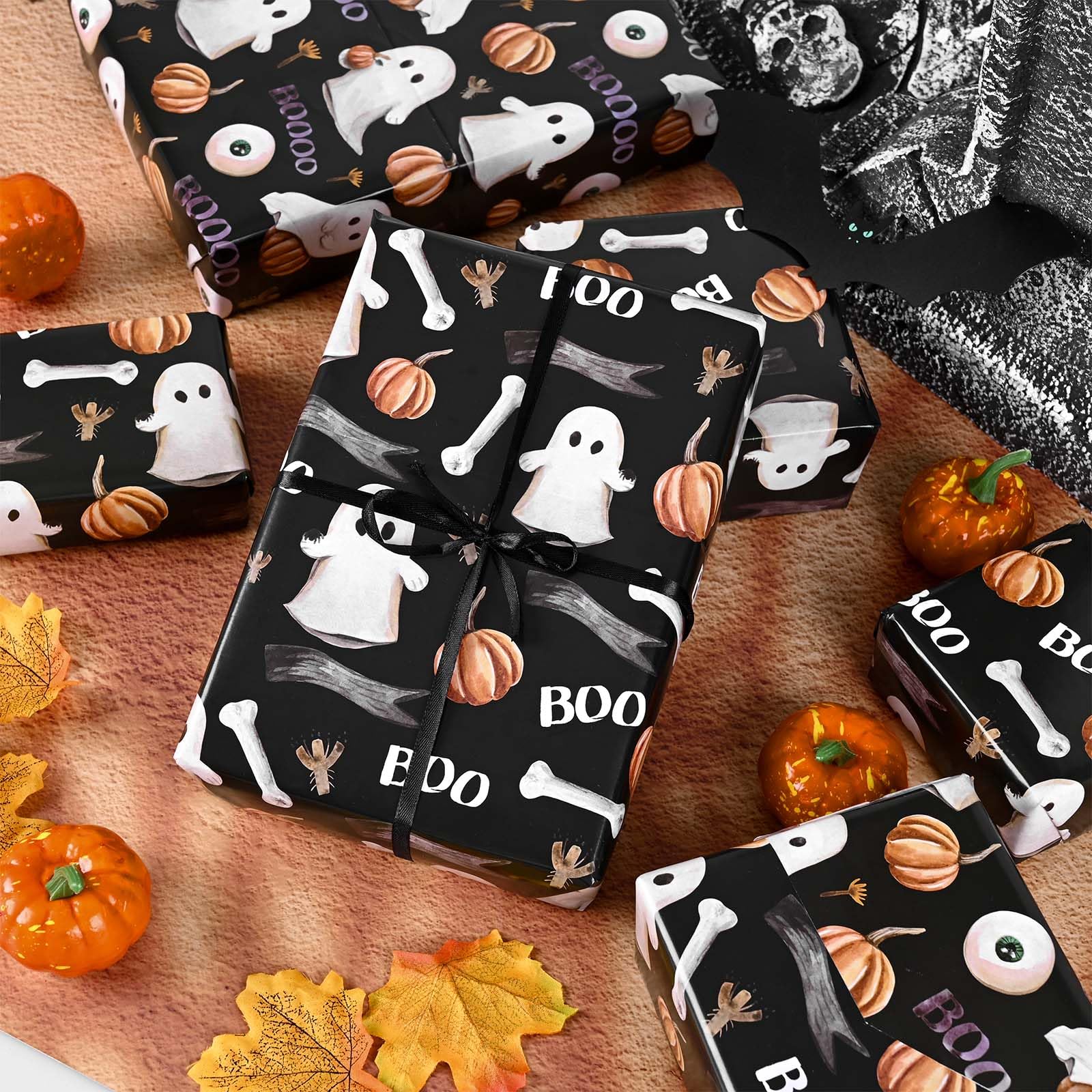 12Sheets Halloween Wrapping Paper Watercolor Ghost Pumpkin Bone Boo Pattern Gift Wrap Paper for Halloween Trick or Treat Party Baby Shower Birthday Party DIY Craft, 19.7 x 27.6 inch