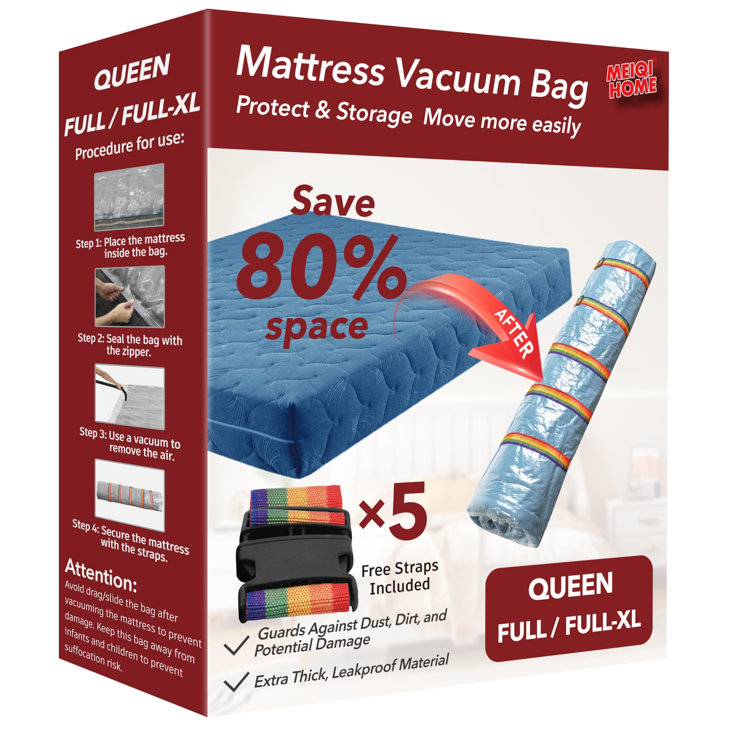 Queen/Full/Full-XL Mattress Vacuum Bag for Moving and Storage, Vacuum Seal Compression Bag for Queen and Full Size Mattresses, Heavy Duty Mattress Bag for Storage, with Sealing Clip and 5 Straps