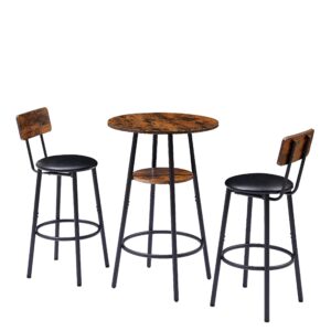 SumKea Bar Table and Chairs Set of 3, Round Bar Table with Stool, Kitchen Bar Table, Modern Dining Table Set, Pub Table and Chairs Set for Living Room, Kitchen, Brown&Black