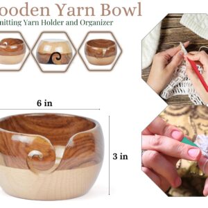 CRAFT INDIA Large Wooden Yarn Bowl | Handmade Knitting Wool Storage Bowl | Yarn Holder Dispenser with Holes to Prevent Slipping and Tangles for Knitting & Crocheting (Brown & Offwhite)