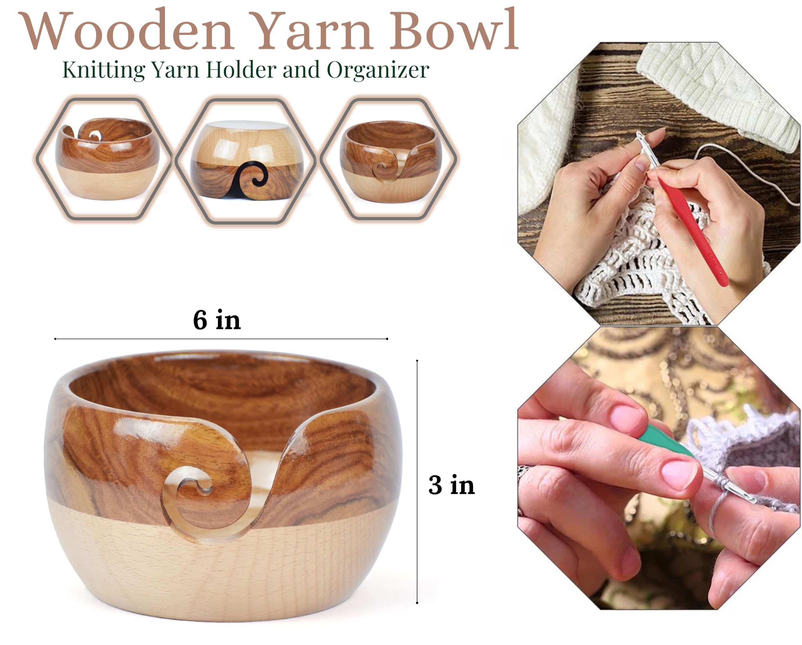 CRAFT INDIA Large Wooden Yarn Bowl | Handmade Knitting Wool Storage Bowl | Yarn Holder Dispenser with Holes to Prevent Slipping and Tangles for Knitting & Crocheting (Brown & Offwhite)