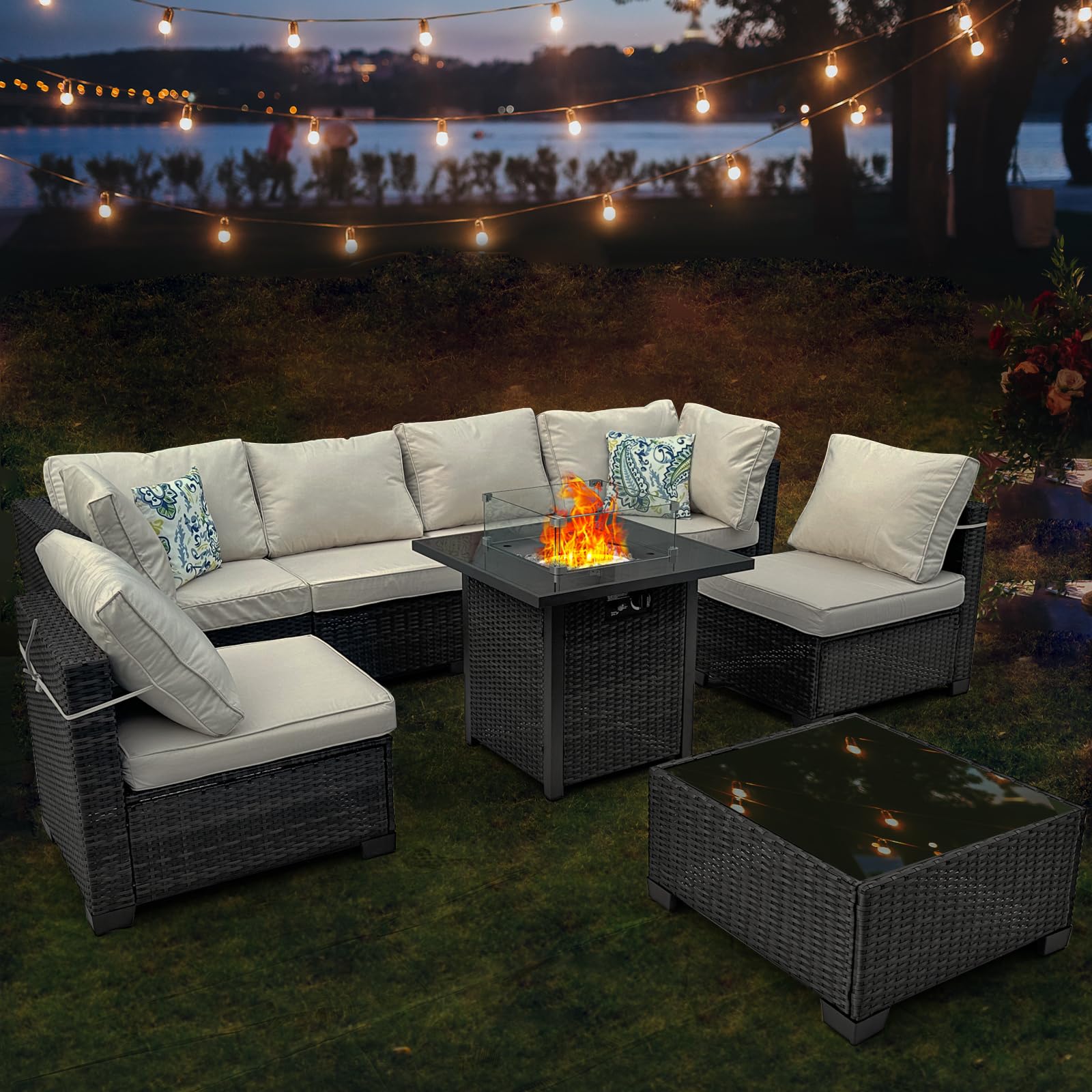 8-Piece Outdoor Rattan Wicker Patio Furniture Set with 28" Gas Fire Pit Table, Coffee Table, Armless Seats, Corner Seats, and Cushions Included, Outdoor Sectional Furniture, Coffee/Beige