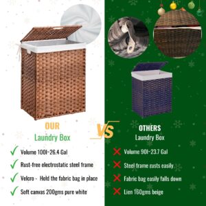 BKSFOAA Laundry Basket with lid, (26.4-Gallon)100L Wicker Laundry Hamper Foldable 2 Removable Liner Bags, Handwoven Rattan Laundry Baskets with Handles, ISO 9001:2015 - Factory Certified, Brown