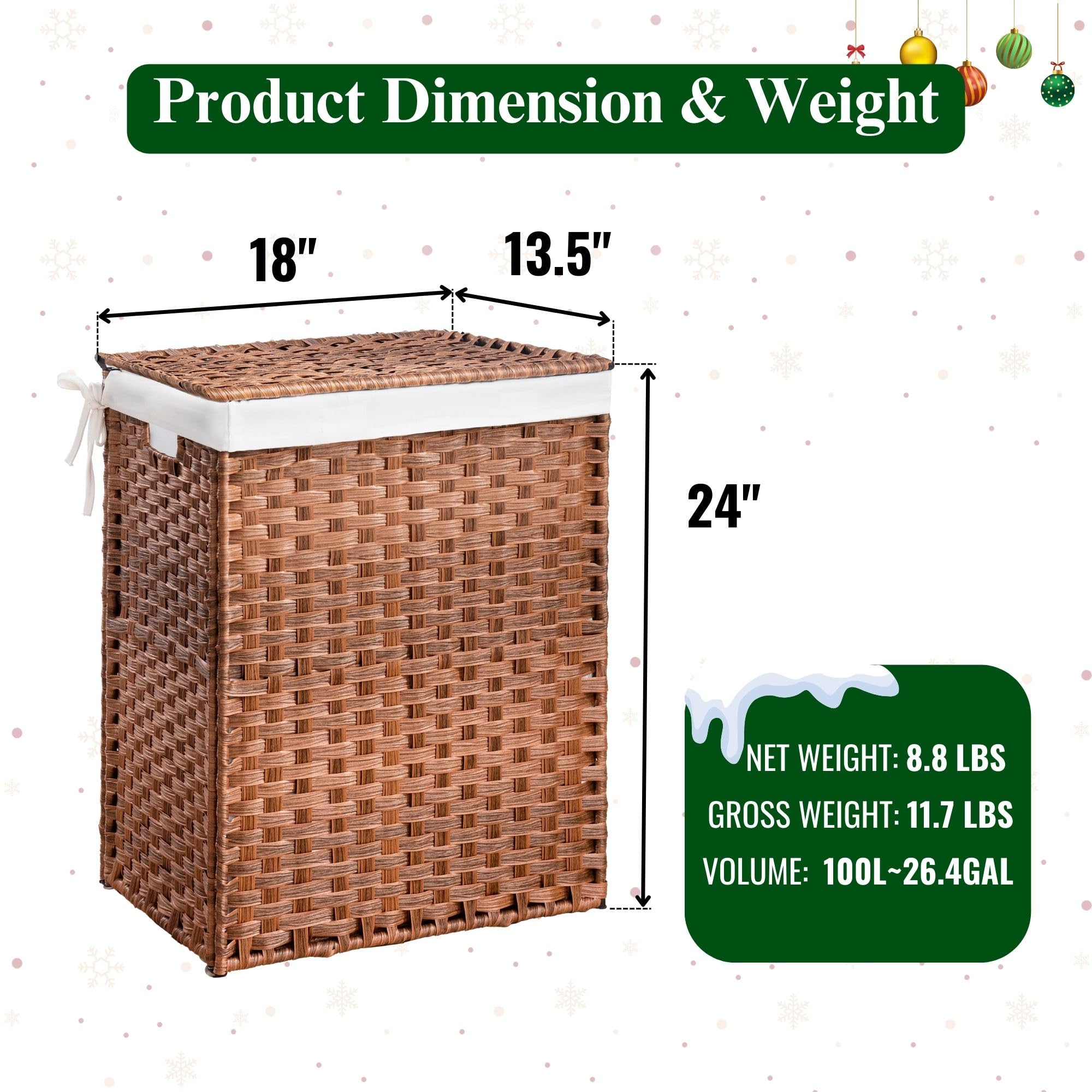 BKSFOAA Laundry Basket with lid, (26.4-Gallon)100L Wicker Laundry Hamper Foldable 2 Removable Liner Bags, Handwoven Rattan Laundry Baskets with Handles, ISO 9001:2015 - Factory Certified, Brown