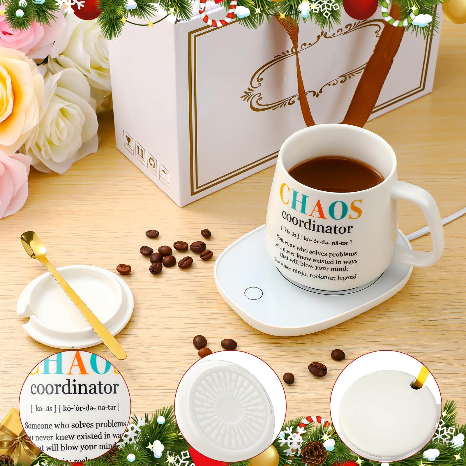 Sieral Chaos Coordinator Gifts Coffee Mug Warmer Set for Christmas Cup Warmer for Desk Office Home with Spoon Appreciation Gifts Thank You Gifts for Coworker Volunteer Teacher Nurse Christmas Gift