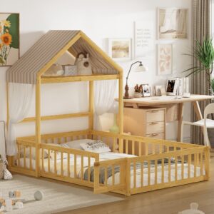 Bellemave Full Size Floor Bed for Kids, Girls, Boys, Wood House Bed with headboard, Full Size Montessori Floor Bed with House Shape Headboard, Kids Floor Bed with Storage, Natural