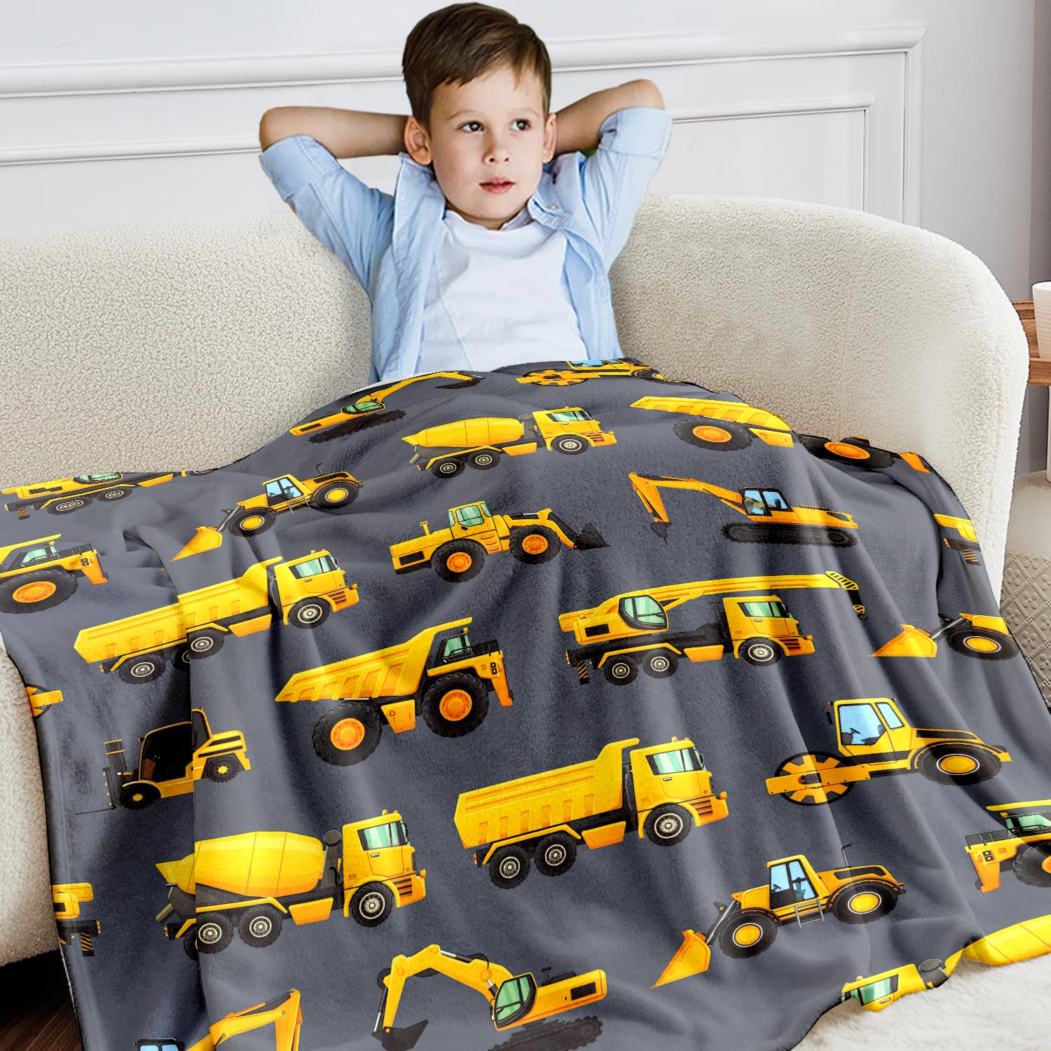 Wajade Kids Construction Truck Blanket for Boys Soft Fleece Kids Blanket for Couch Sofa Bedroom 3D Vehicles Excavator Cars Throw Blanket for Kids 50"x60"