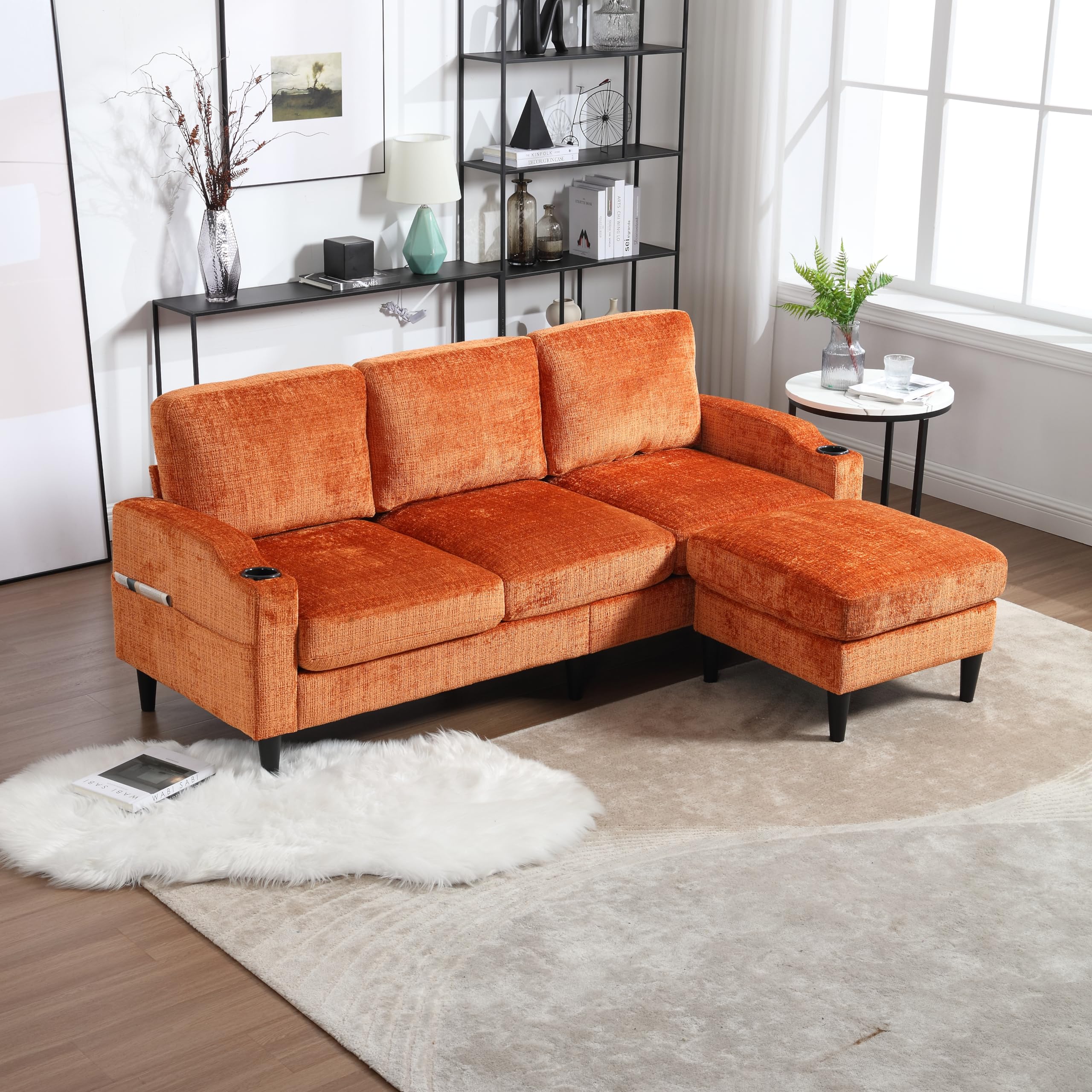 Modern Chenille Polyester Sectional Sofa with Storage Ottoman, L Shaped Couch for Living Room, Apartment, Size 77.36" x 44.49" x 30.31"