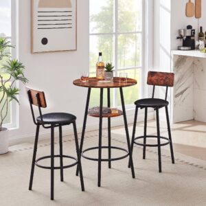 SumKea Bar Table and Chairs Set of 3, Round Bar Table with Stool, Kitchen Bar Table, Modern Dining Table Set, Pub Table and Chairs Set for Living Room, Kitchen, Brown&Black