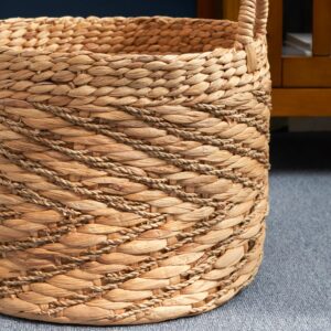 Round Water Hyacinth Seagrass Woven Basket with Handles - 15" x 15" x 15" - Natural Brown - For Clothes, Towels, Canvas, Toys and Magazine Storage and Home Decoration