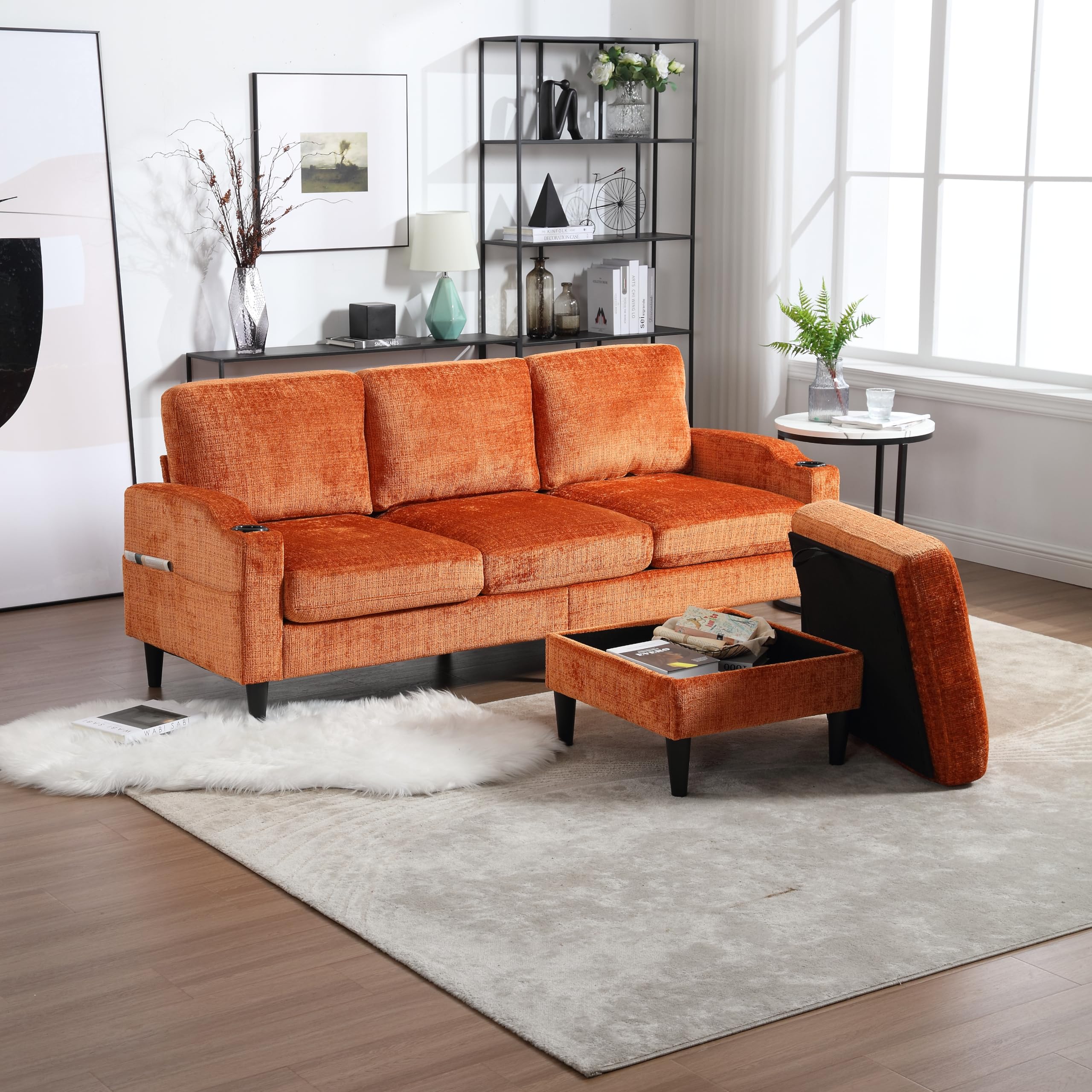 Modern Chenille Polyester Sectional Sofa with Storage Ottoman, L Shaped Couch for Living Room, Apartment, Size 77.36" x 44.49" x 30.31"