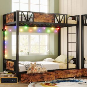 anctor bunk bed with power outlet and drawers, metal twin bed frames with ladder and led lighted, space-saving, noise free