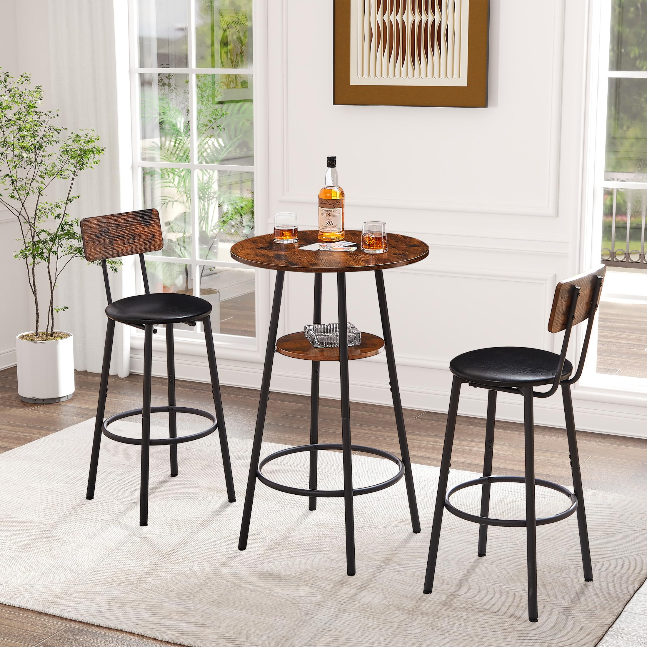 SumKea Bar Table and Chairs Set of 3, Round Bar Table with Stool, Kitchen Bar Table, Modern Dining Table Set, Pub Table and Chairs Set for Living Room, Kitchen, Brown&Black