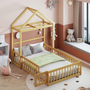 bellemave full size floor bed for kids, girls, boys, wood house bed with headboard, full size montessori floor bed with house shape headboard, kids floor bed with storage, natural