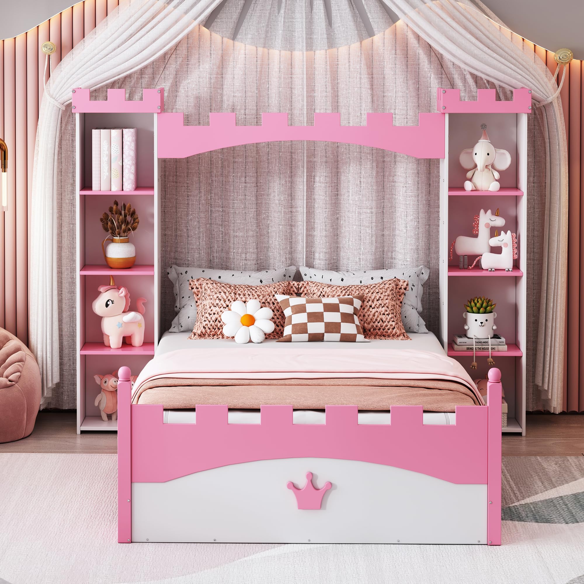 VilroCaz Castle-Shaped Wooden Platform Bed with Storage Shelf, Dreamy Twin Size Kids Platform Bed for Girls Boys Bedroom, Sturdy Slats Support (White+Pink Castle)