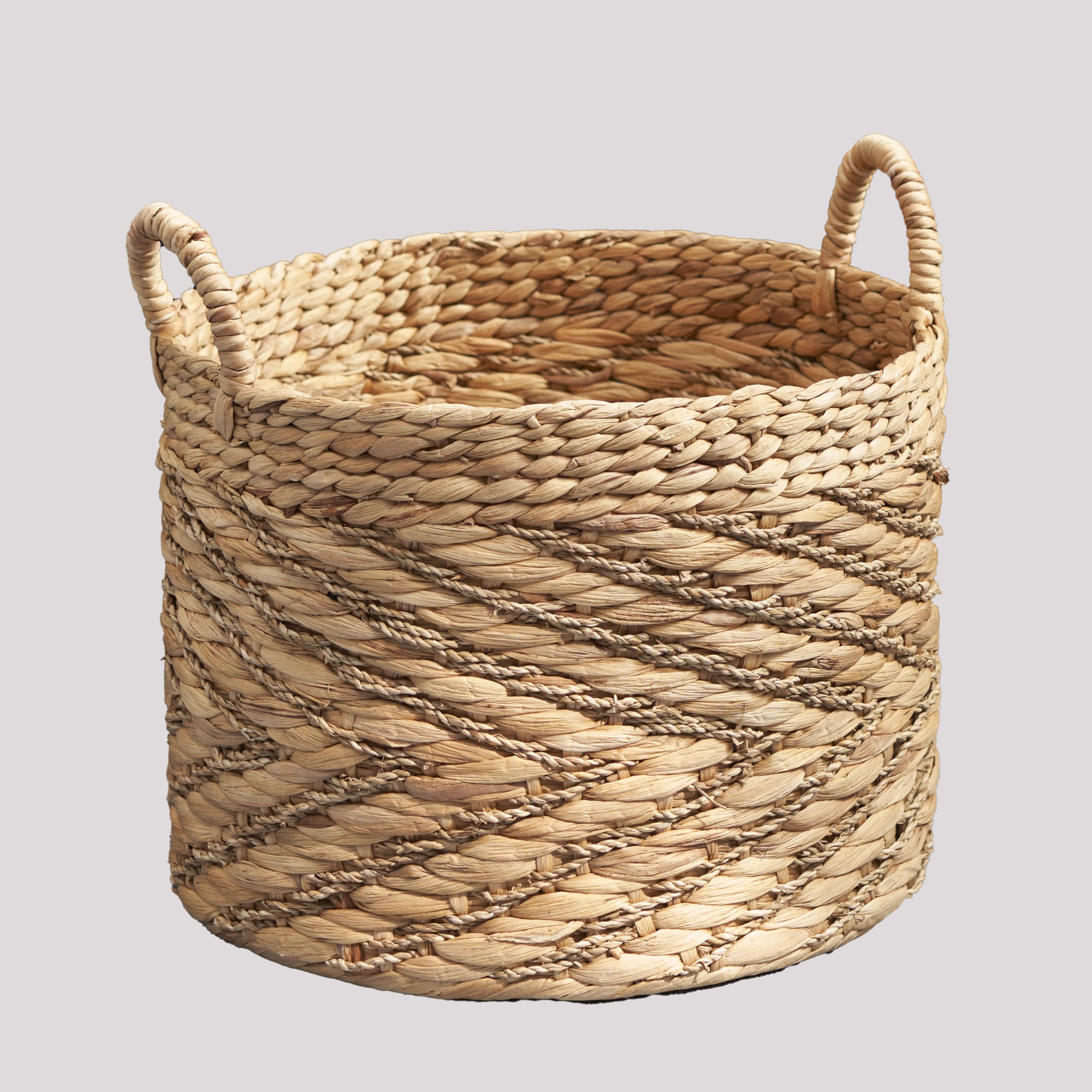 Round Water Hyacinth Seagrass Woven Basket with Handles - 15" x 15" x 15" - Natural Brown - For Clothes, Towels, Canvas, Toys and Magazine Storage and Home Decoration