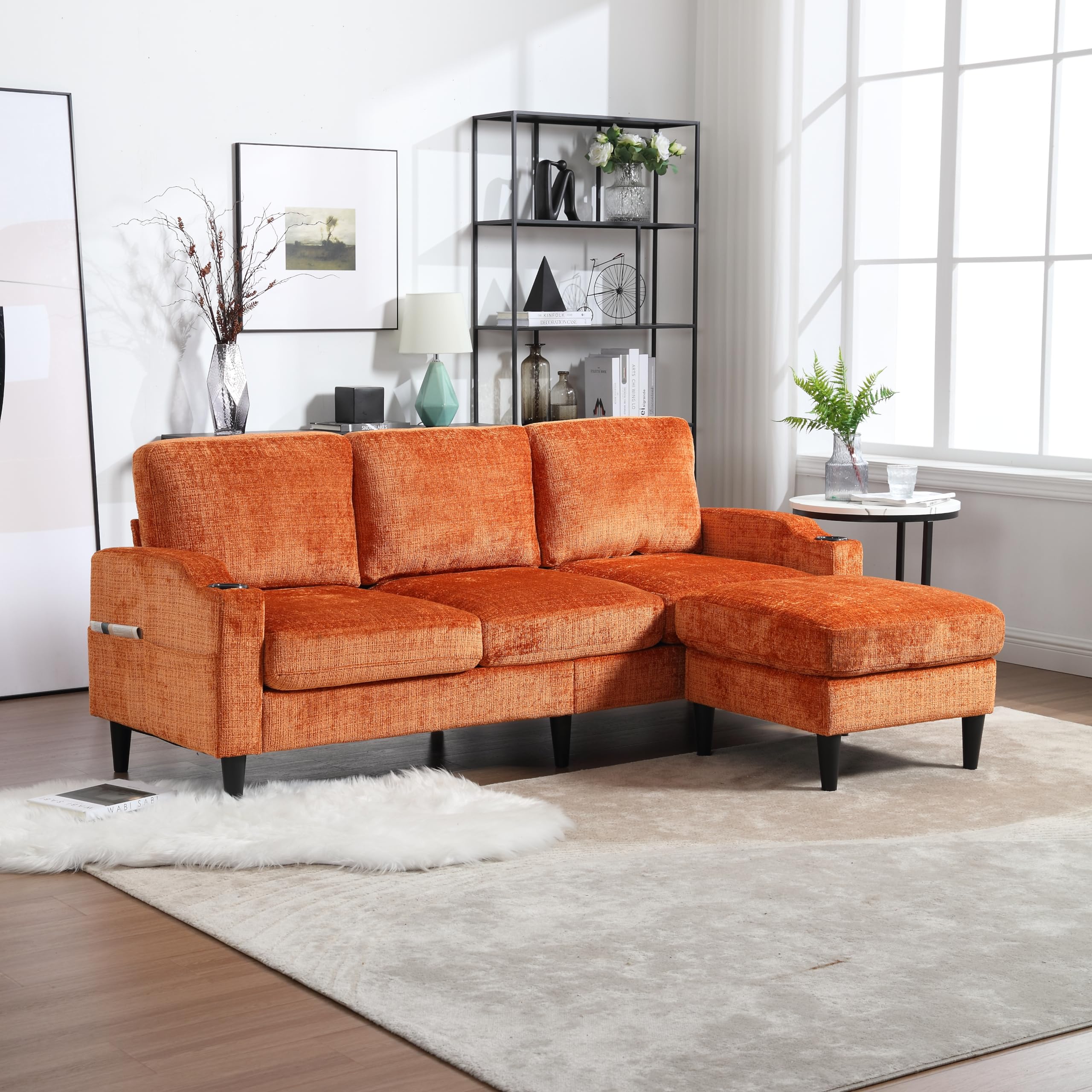 Modern Chenille Polyester Sectional Sofa with Storage Ottoman, L Shaped Couch for Living Room, Apartment, Size 77.36" x 44.49" x 30.31"