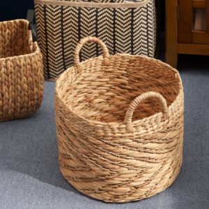 Round Water Hyacinth Seagrass Woven Basket with Handles - 15" x 15" x 15" - Natural Brown - For Clothes, Towels, Canvas, Toys and Magazine Storage and Home Decoration