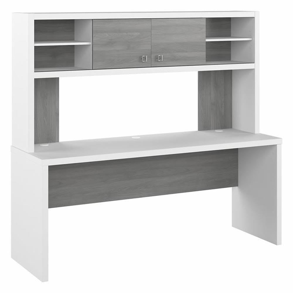 Pemberly Row 72W Computer Desk with Hutch in Pure White & Gray - Engineered Wood