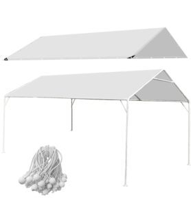 eunika 10 x 20 ft carport replacement canopy cover garage car top tent 180g pe fabric shelter tarp tent with 50 ball bungee cords, waterproof & uv protected (only cover, frame not include), white