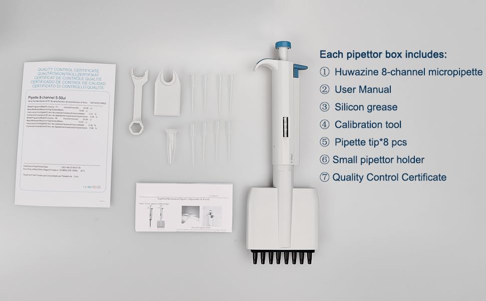 Huwazine Lab micropipette, 8-Channel Adjustable Volume Pipettor,Autoclavable Lower Section (0.5-10ul)