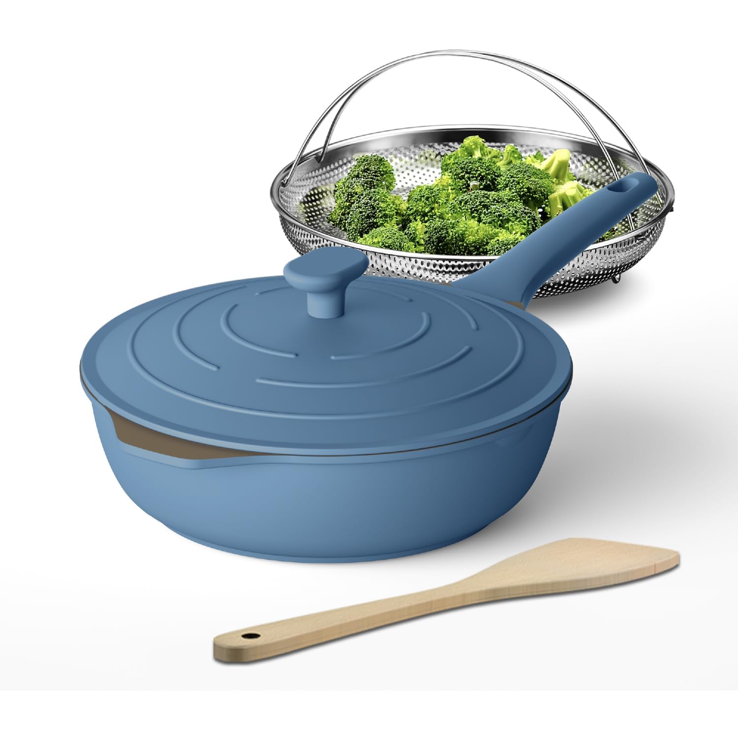 LIGTSPCE Always Nonstick Multipurpose Saute pan,All-in-One Pan,Large Skillet with Strainer,Deep Frying Pan with Lid(11-inch), PFOA Free non stick chef’s pan,Dishwasher and Oven Safe（Cerulean）