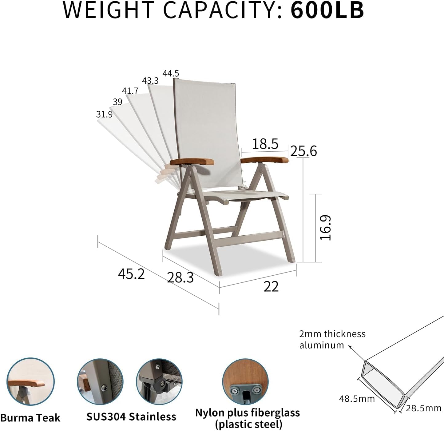 Astomi Outdoor Patio Chair, High Back Portable Folding Chair with 5 Different Angles, Support 600 LBS, Great for Garden, Balcony, Camping, Pool, Beach and Lawn, Single, Champagne&Khaki