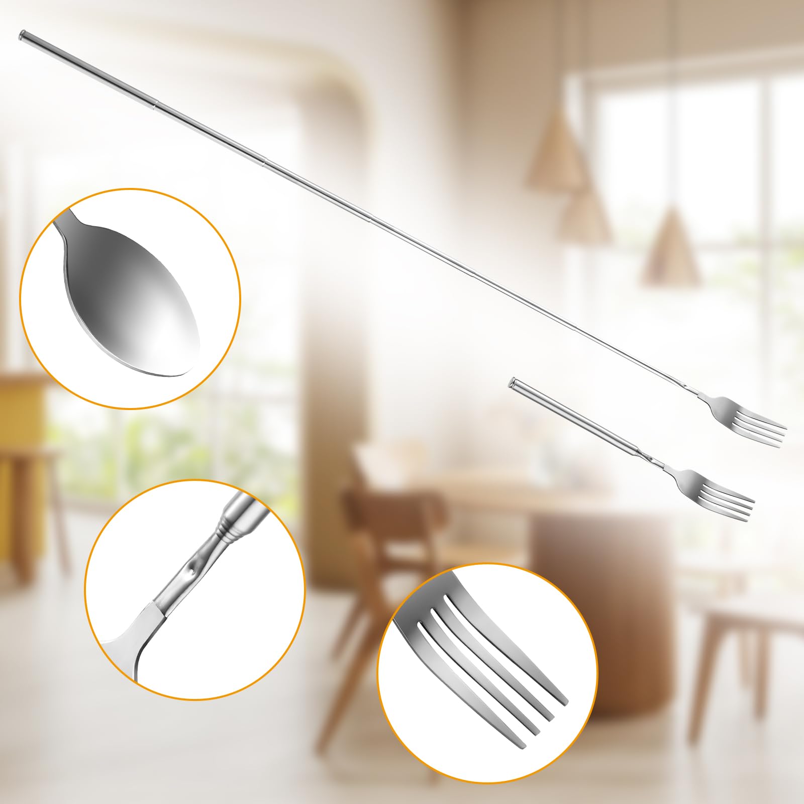 Gjinxi 2PCs Extendable Fork and Spoon, Long Handle Telescoping Fork, Stainless Steel Retractable Fork, Food-Grade Metal Tableware, Spoon and Fork Extender Set for Dinner Fruit Dessert BBQ