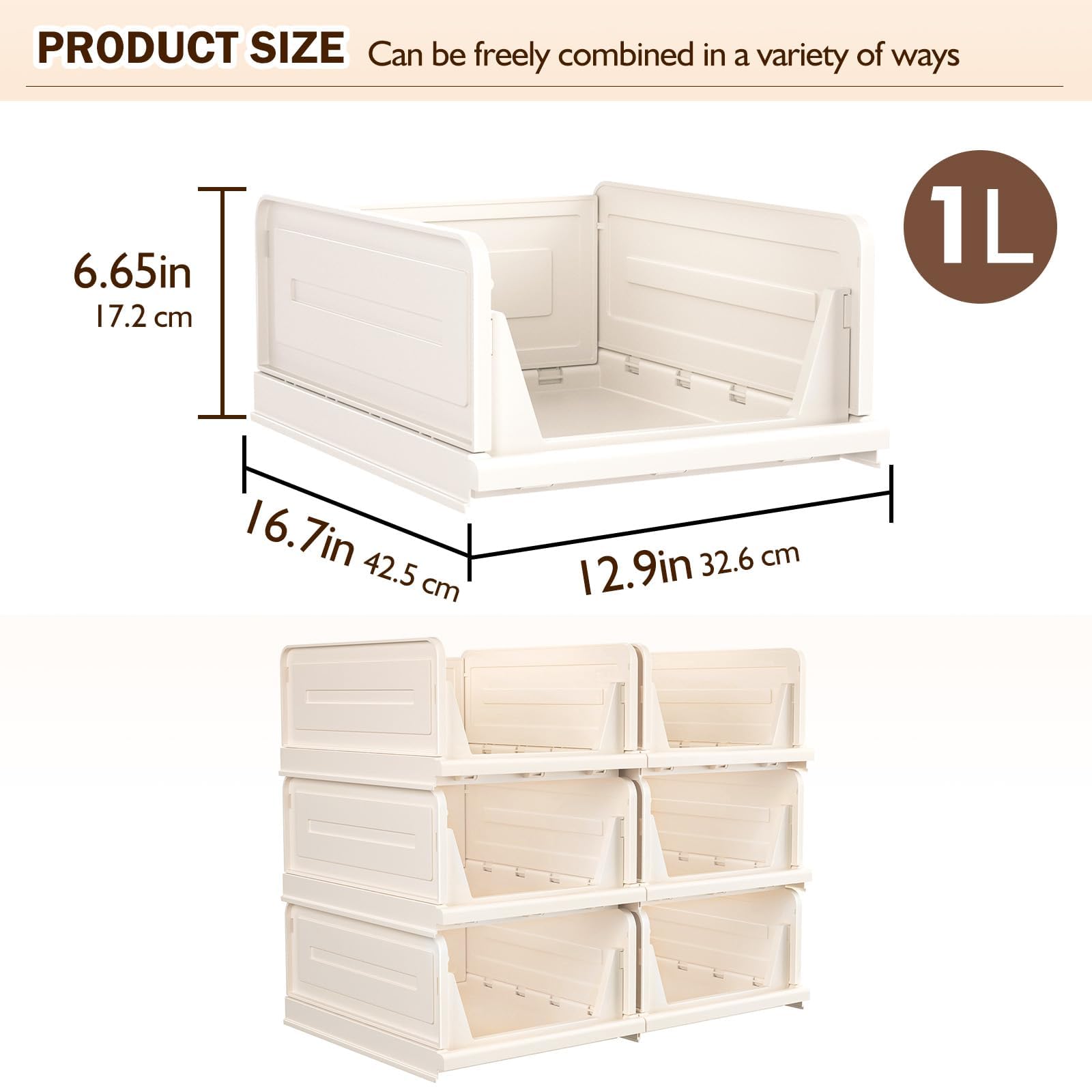 CTSNSLH 6 Pack Folding Closet Organizers Storage Box, Stackable Storage Bins, Plastic Drawer Basket Closet Storage for Wardrobe Cupboard Kitchen Bathroom Office Light Beige-6L