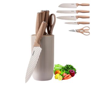 knife set, 6-pieces kitchen knife set for chef,wooden coating knife set, stainless steel non-stick non-slip super sharp blade chef knife set with block suitable for gift(khaki)