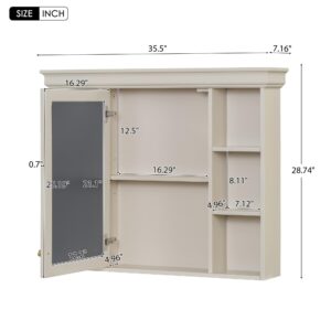 LUMISOL Wall Mounted Bathroom Storage Cabinet with Mirror Door, Modern Bathroom Wall Cabinet with 6 Open Storage Shelves, Wooden Medicine Cabinet for Bathroom, Living Room, Beige