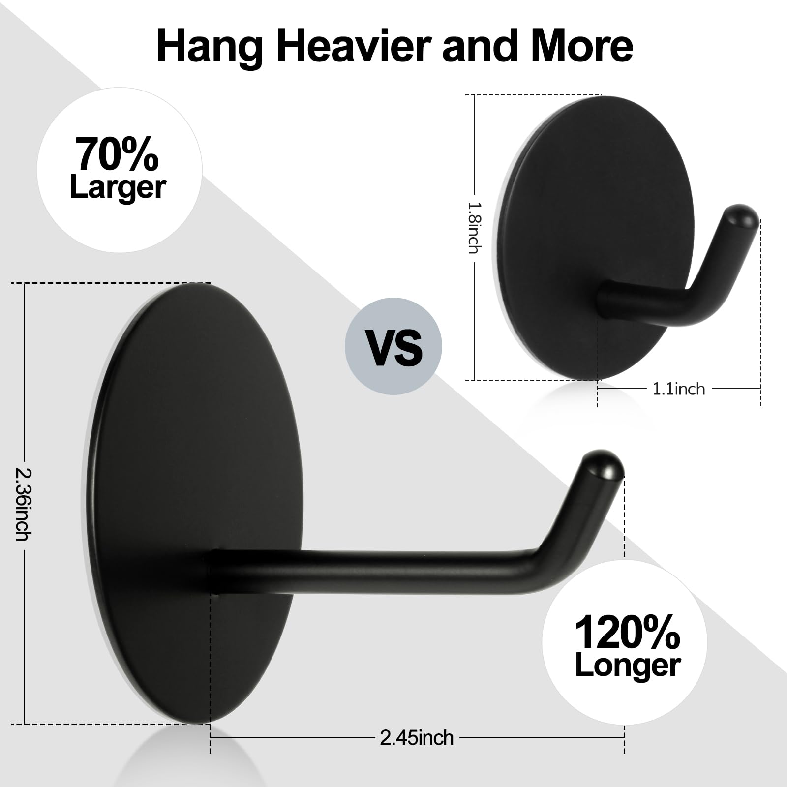 Adhesive Hooks Heavy Duty, Hold 10 Lbs, Command Hooks, Extra Large Long Self Stick on Hooks, Wide Sticky Round Decorate Hooks, 3M Hooks for Hanging,Clock,Clothing,Headphone,Robe,4Packs(Black)