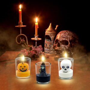 12 Pack Halloween Glass Votive Candles - Spooky Ghost, Pumpkin, and Witch Design - Decorative Halloween Tealight Candles for Home Decor, Parties, and Trick-or-Treating