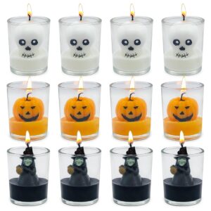 12 pack halloween glass votive candles - spooky ghost, pumpkin, and witch design - decorative halloween tealight candles for home decor, parties, and trick-or-treating