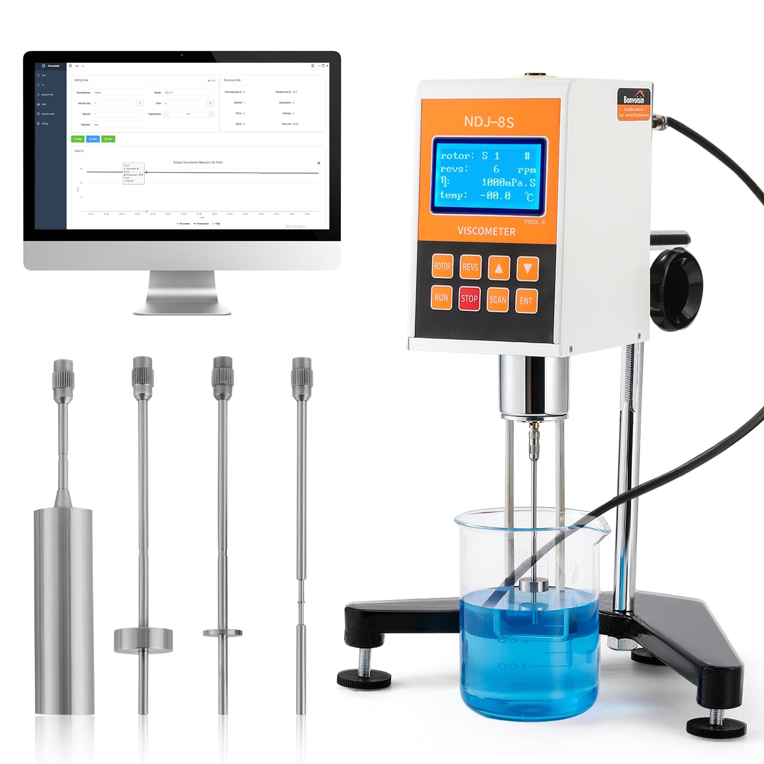 Bonvoisin Digital Rotary Viscometer 10-2,000,000mPa.S Digital Lab Rotational Viscosity Meter with 4 Rotors and Temperature Probe 110-240V(NDJ-8S)