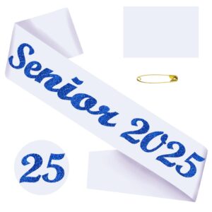 generic senior sash 2025, graduation sash white with blue glitter letter, finally graduated, class of 2025 sash for graduation party, cheerleader party celebration decorations